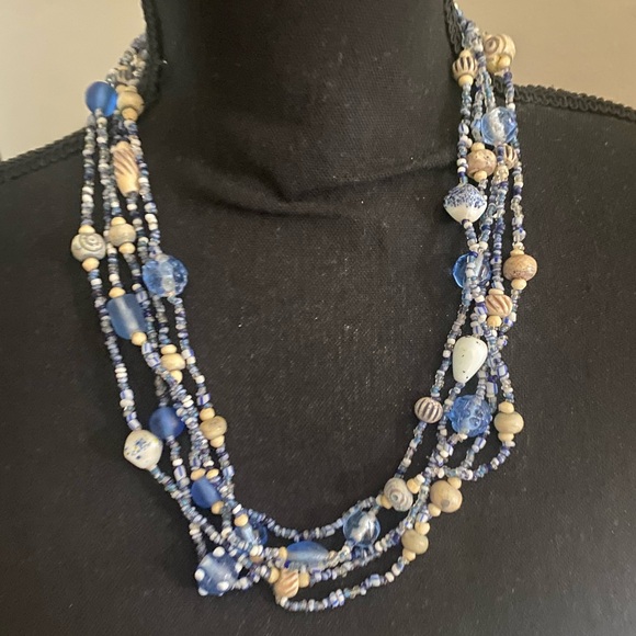 Jewelry | Vintage Ocean Blue And Tan Five Strand Glass Beaded Necklace ...